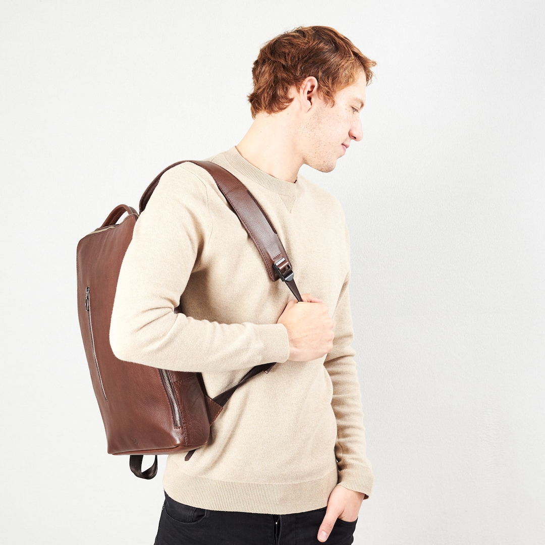 Brown Leather Slim Tech Laptop Backpack. Mens Minimalistic Tech ...