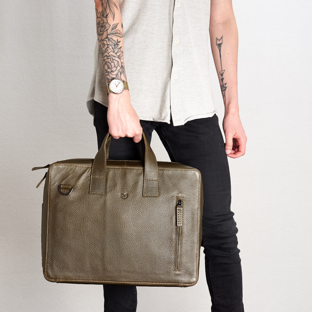 Green Leather Briefcase Men Attache, Portfolio Messenger Shoulder Bag ...