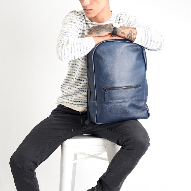 Navy Leather Backpack Laptop Men Handmade Travel Bag Camera Rucksack ...