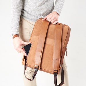 Tan Leather Slim Tech Laptop Backpack. Mens Minimalistic Tech ...