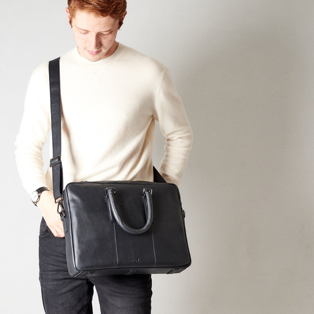 Black Leather Office Briefcase Men Attache, Document Portfolio ...