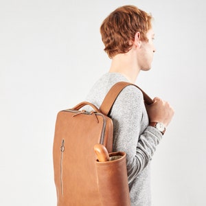 Tan Leather Slim Tech Laptop Backpack. Mens Minimalistic Tech ...