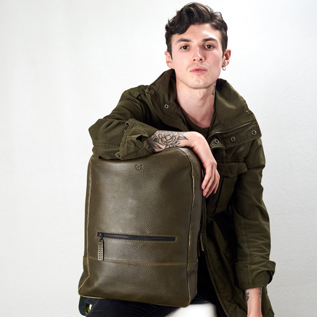 Green Leather Backpack Laptop Men, Handmade Travel Bag, Camera Rucksack ...