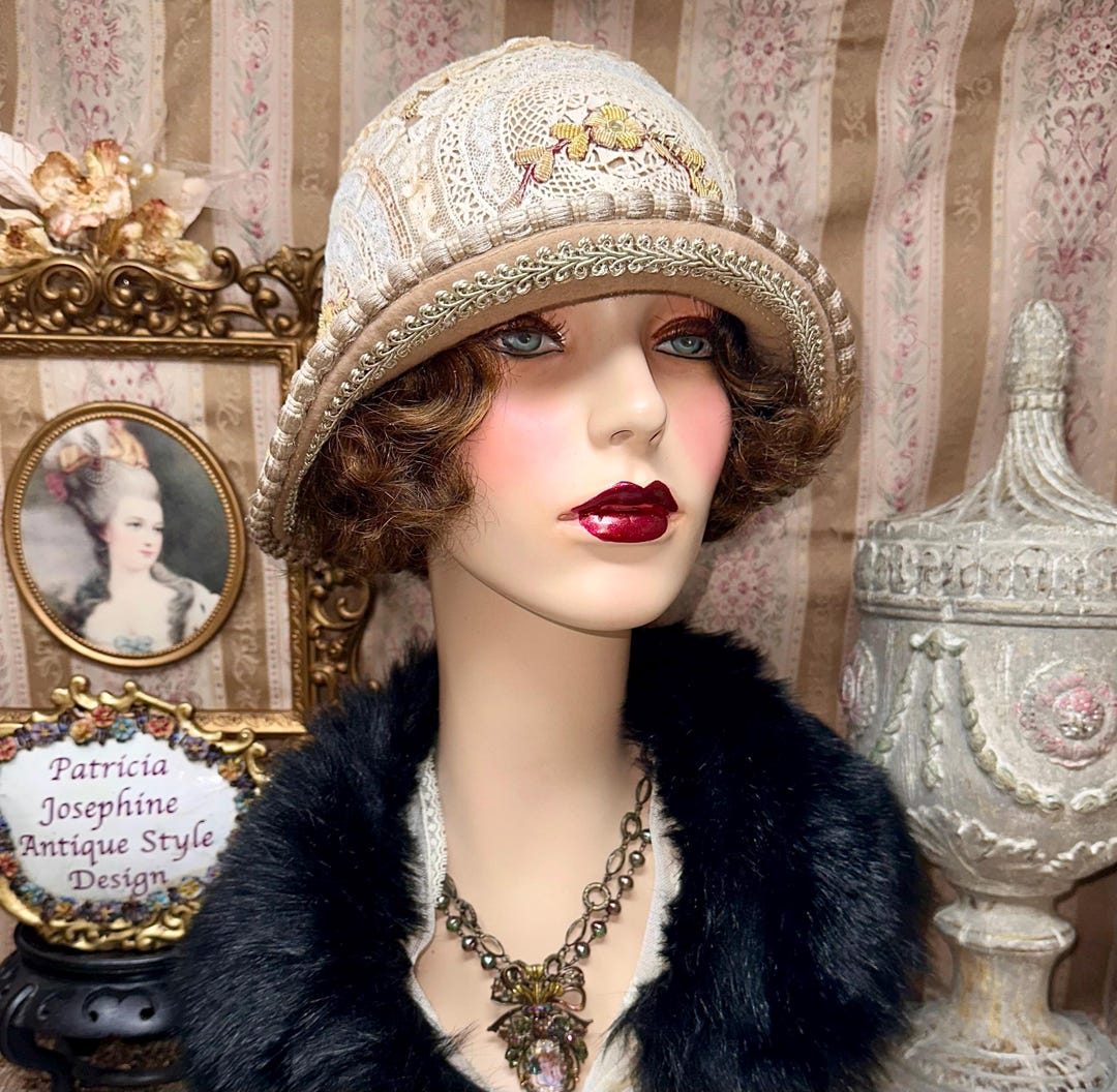 1920'S Vintage Beige & Gold Antique Lace Floral Cloche Flapper Hat - Etsy