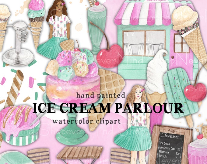 Ice Cream Clipart Kit Watercolor Ice Cream Parlour Milkshake - Etsy