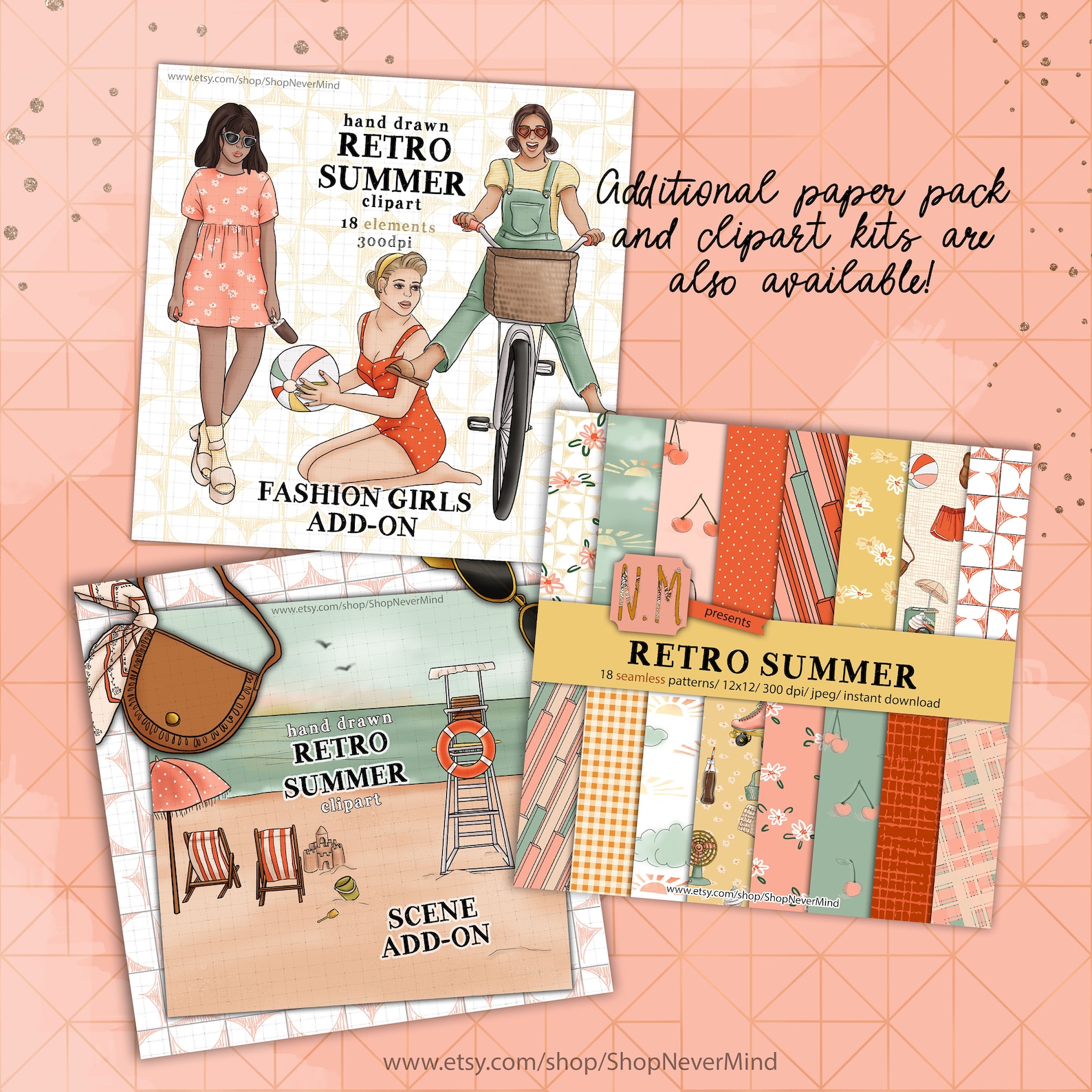 Retro Summer Clipart Kit Retro Beach Digital Clip Art Vintage Summer ...
