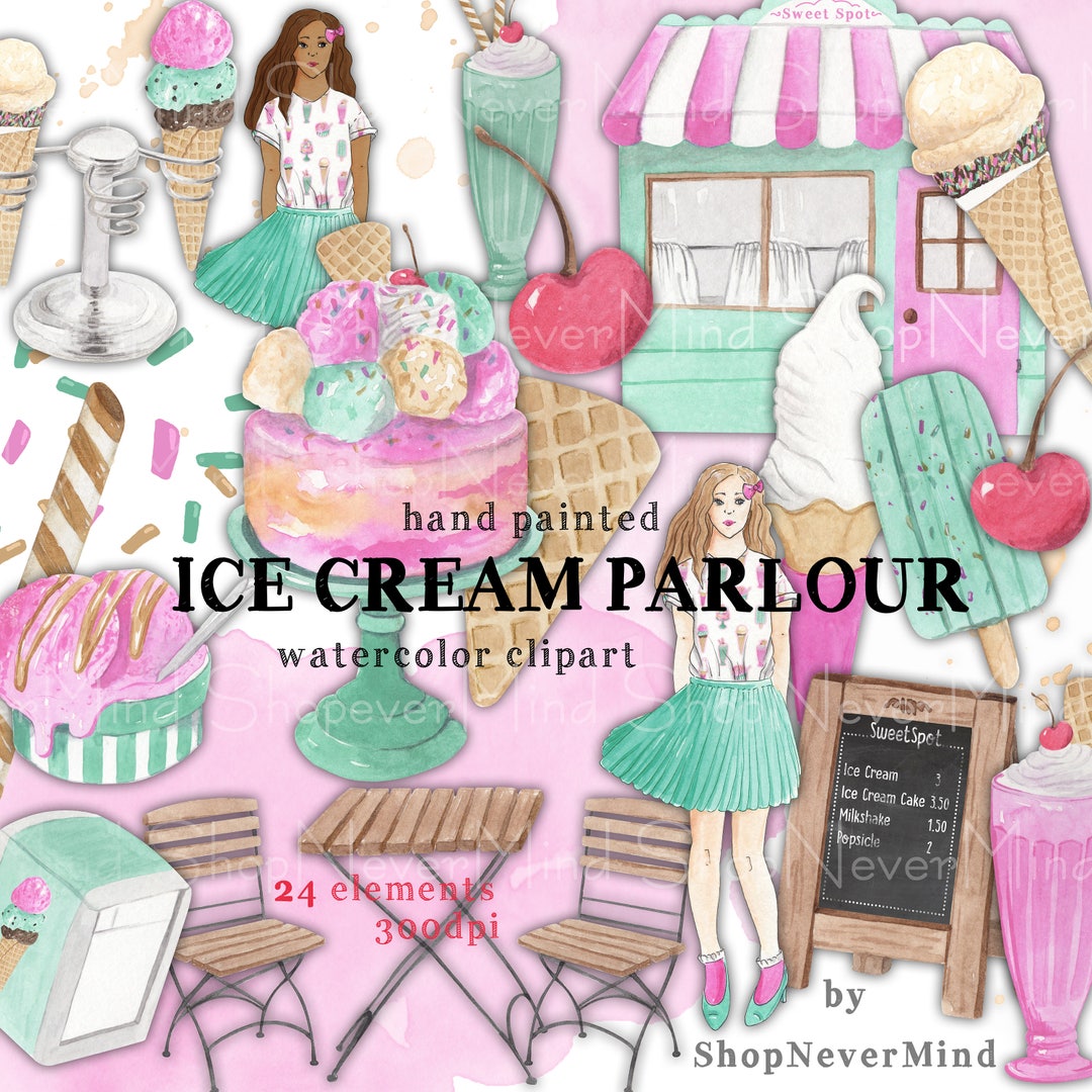 Ice Cream Clipart Kit Watercolor Ice Cream Parlour Milkshake Cone ...