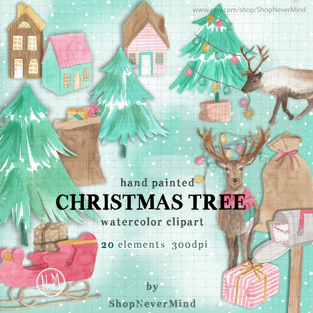 Christmas Clip Art Set Watercolor Christmas Tree Reindeer Lights ...