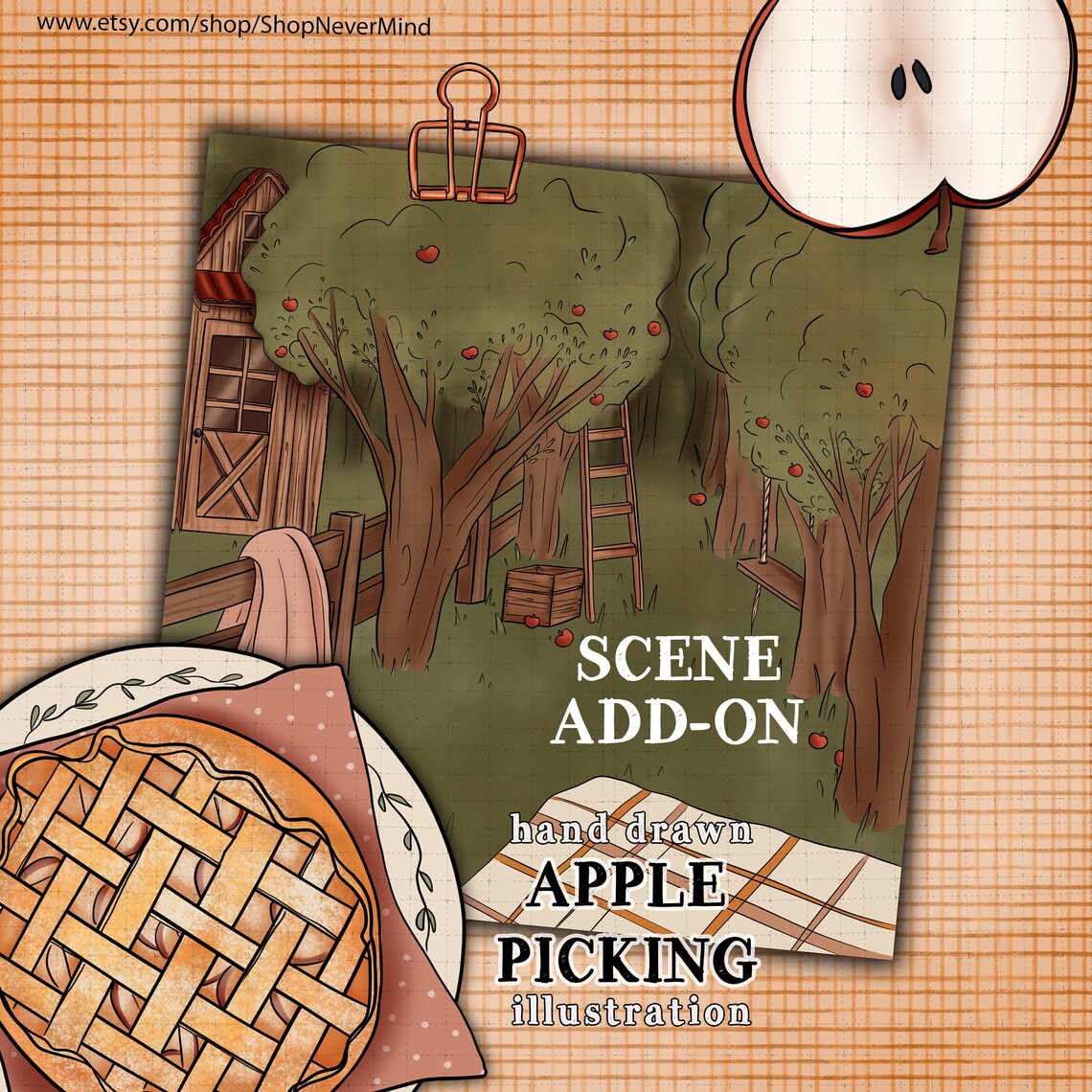 Apple Picking Scene Illustration Fall Forest Digital - Etsy