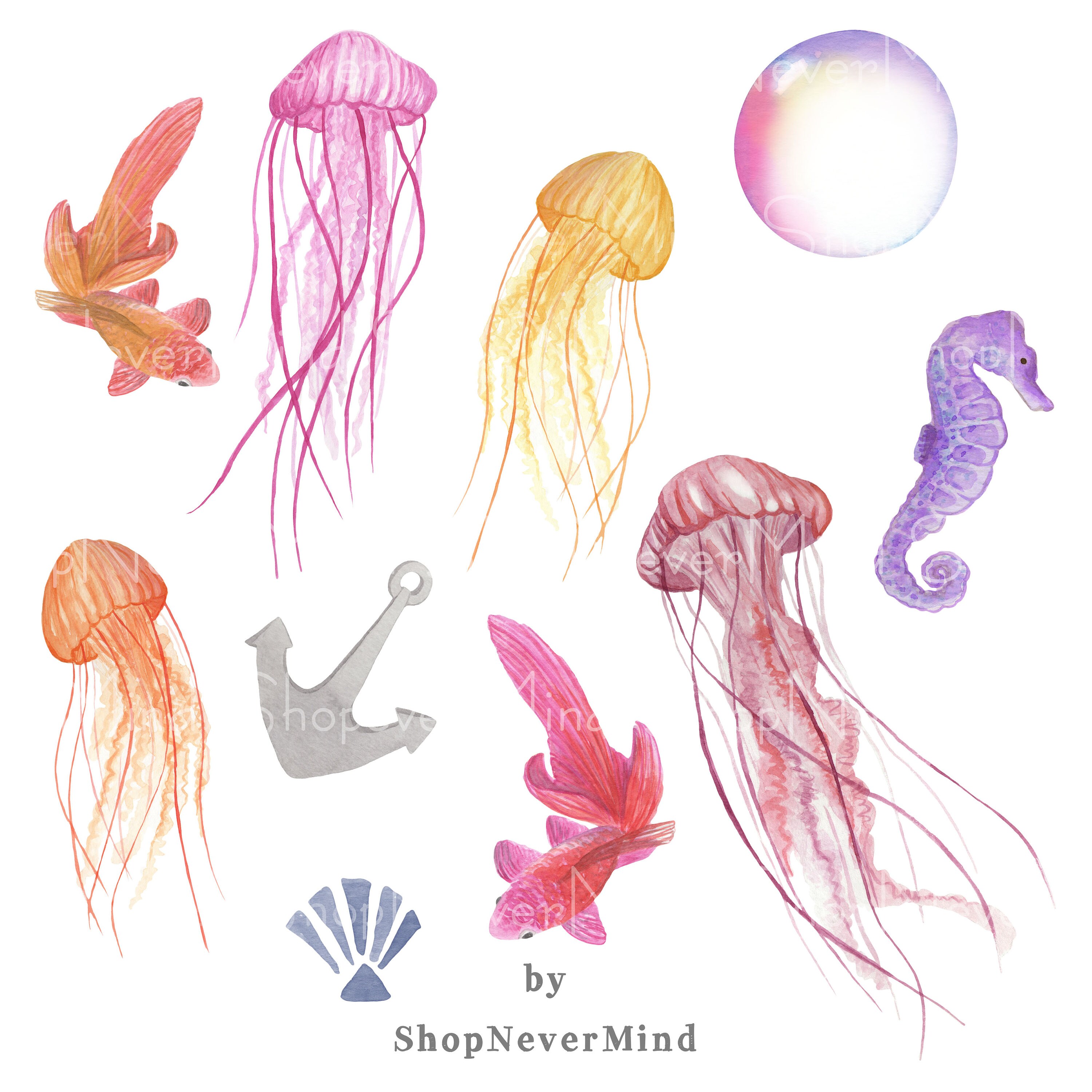 Sea Creatures Digital Clip Art Watercolor Digital Ocean | Etsy