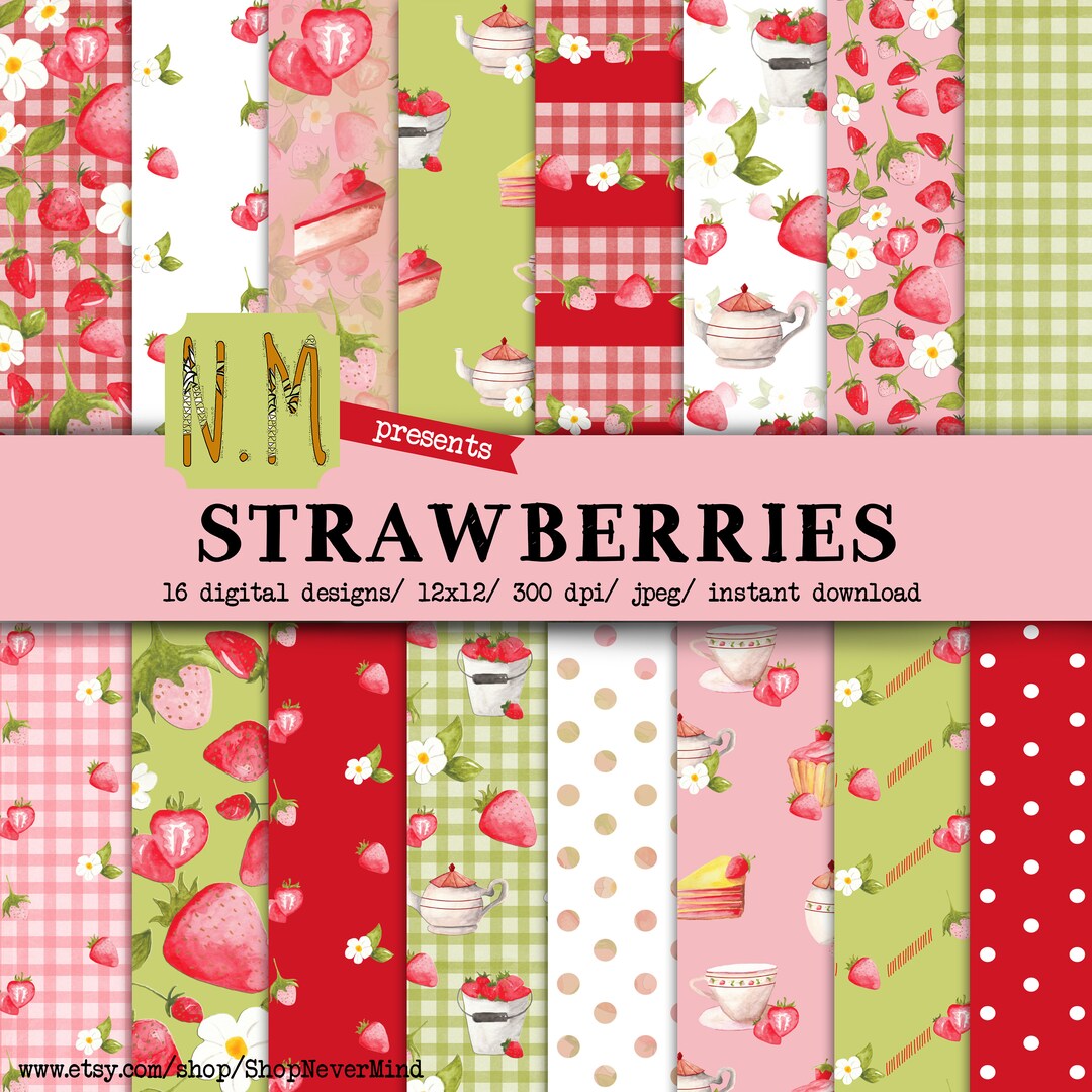 Strawberry Digital Paper Pack Watercolor Strawberry Cake Cupcake Teapot ...