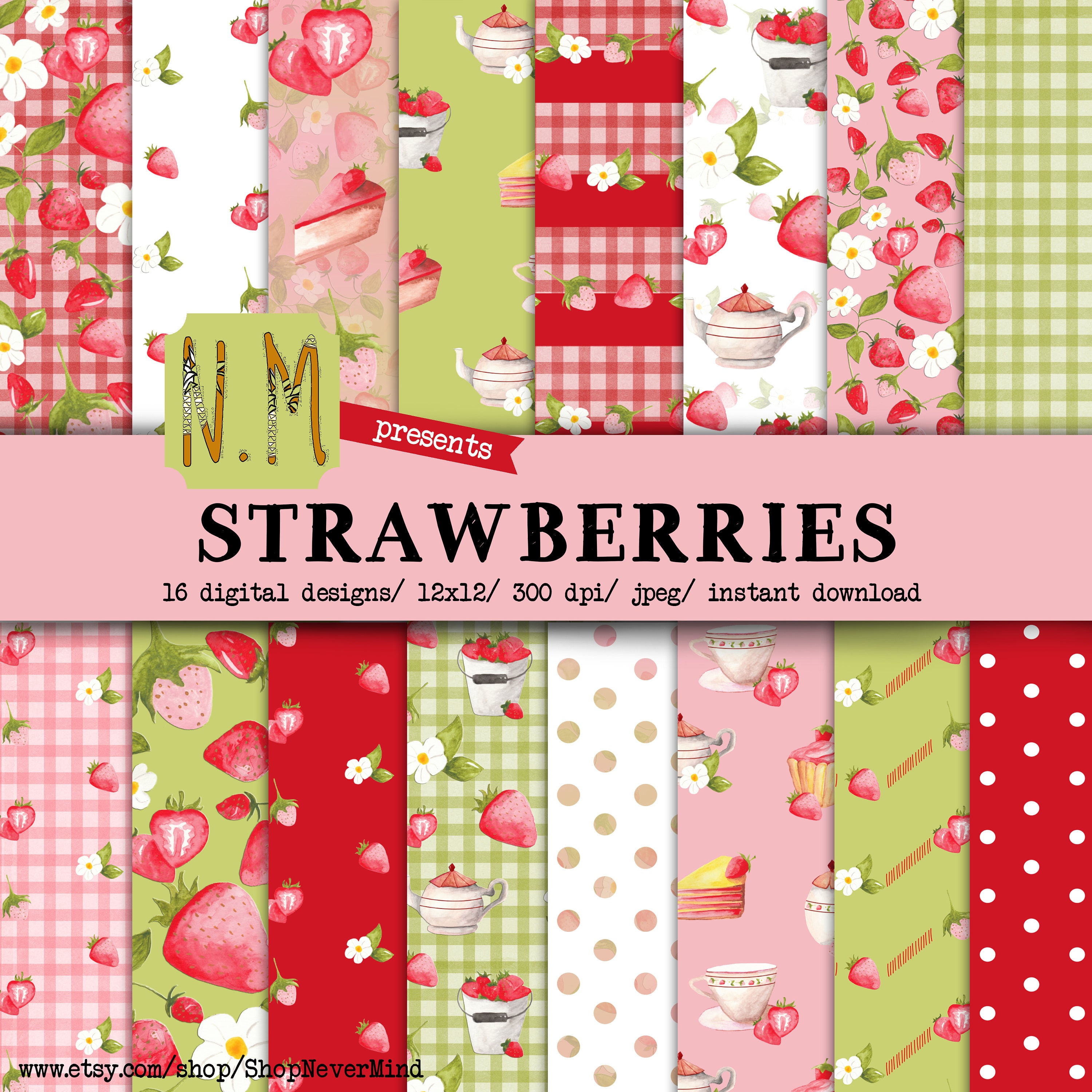 Strawberry Digital Paper Pack Watercolor Strawberry Cake - Etsy