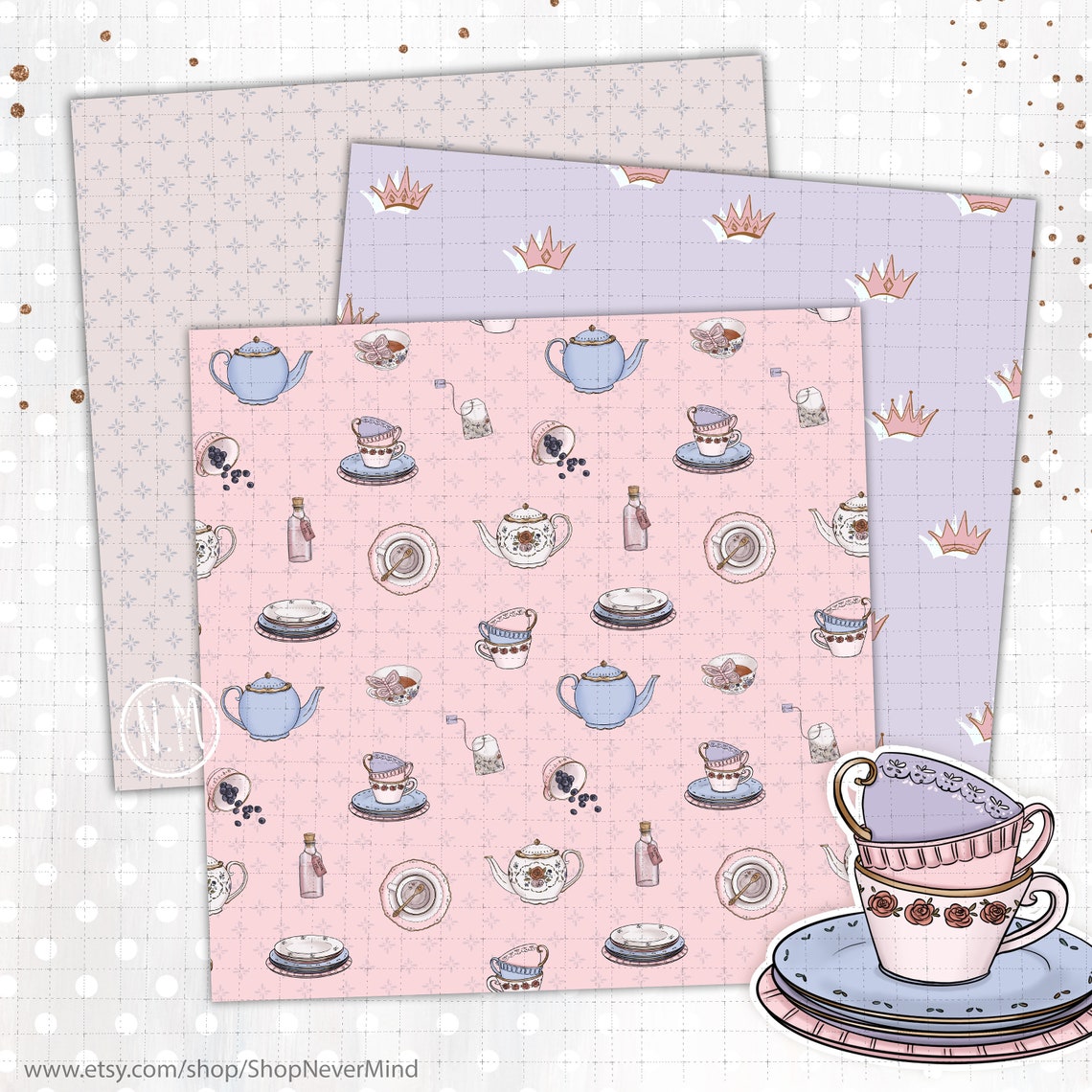 Tea Party Digital Paper Pack Pink Tea Party Digital Pattern | Etsy