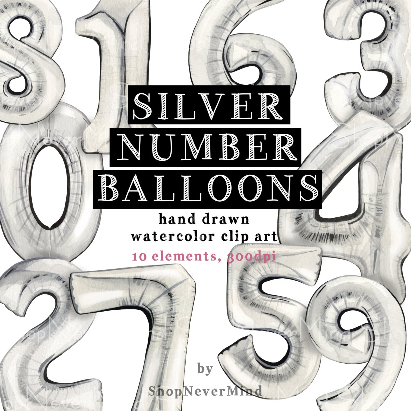 Silver Number Balloons Clipart Digital Watercolor Silver | Etsy