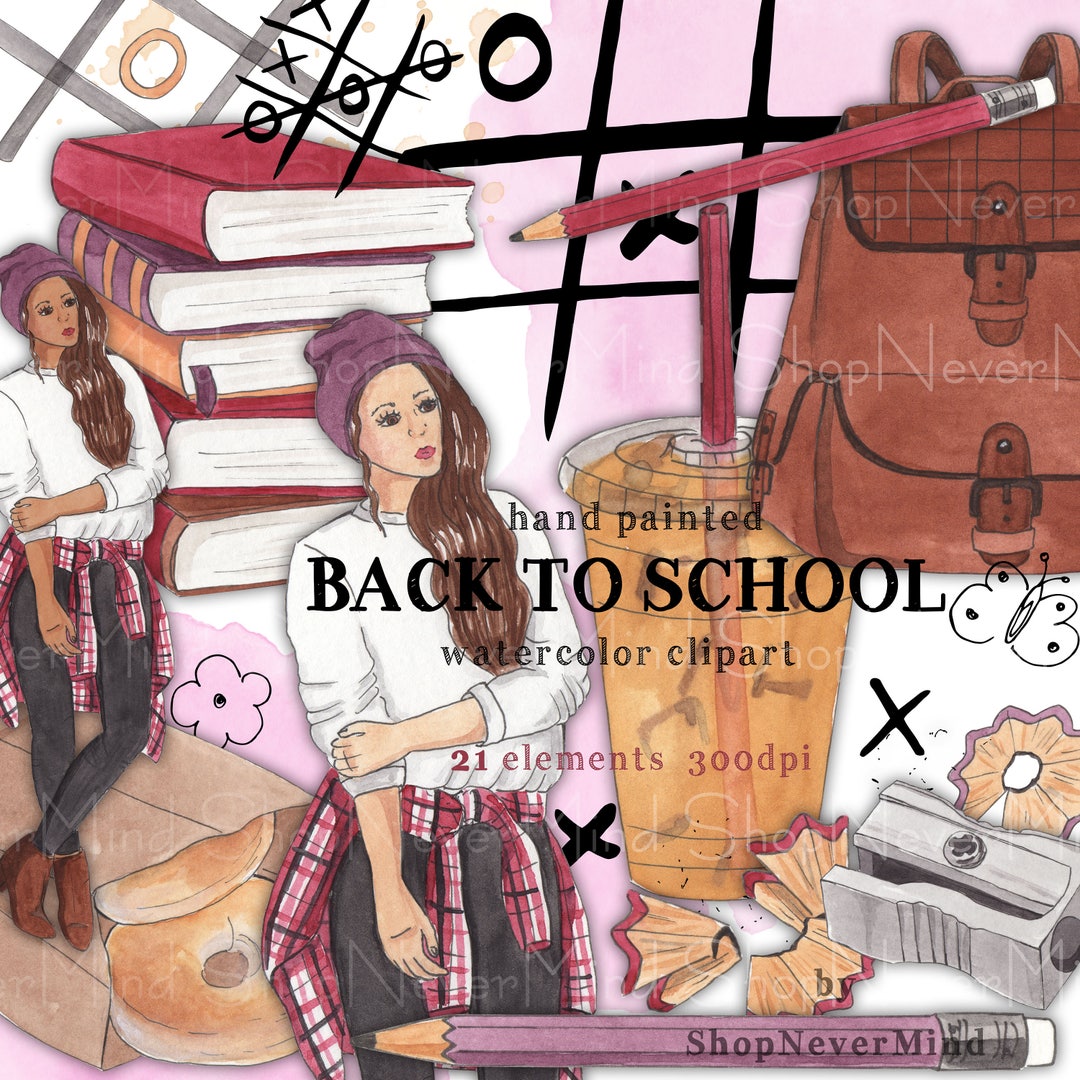 Back to School Clipart Kit Watercolor Fall Fashion Girl School Supplies ...