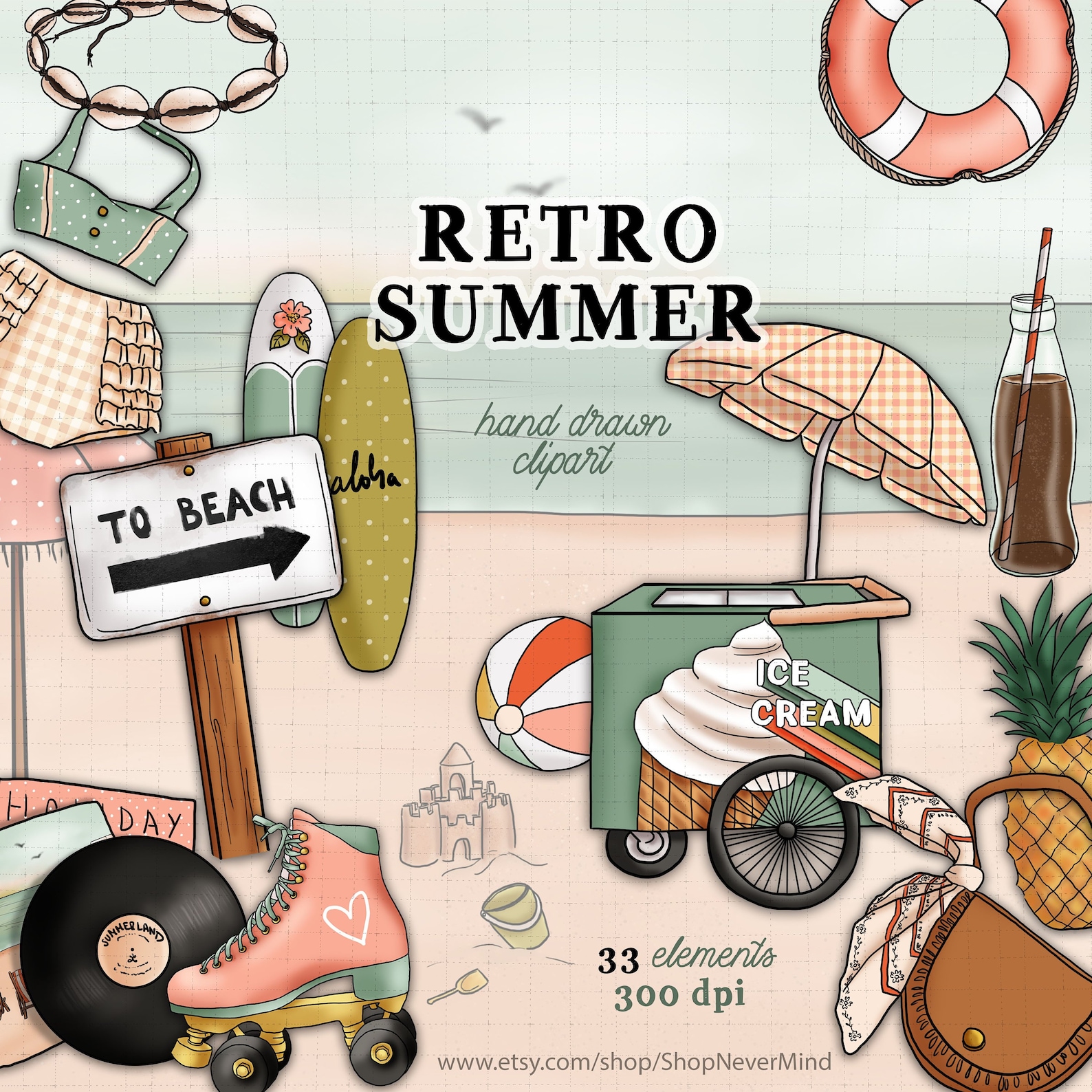 Retro Summer Clipart Kit Retro Beach Digital Clip Art Vintage - Etsy Canada