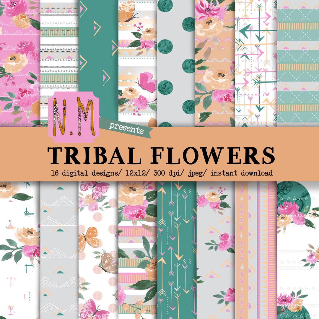 Tribal Flowers Digital Paper Pack Watercolor Aztec Floral Digital ...