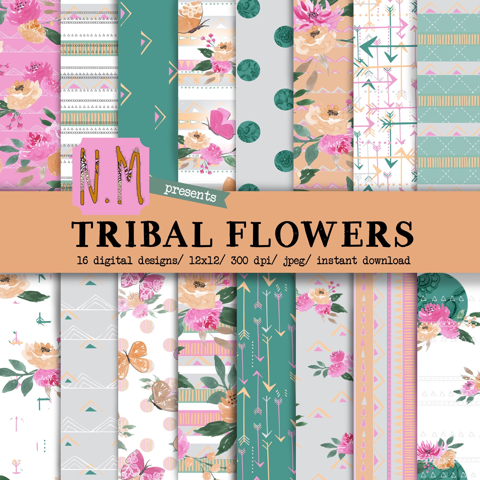 Tribal Flowers Digital Paper Pack Watercolor Aztec Floral - Etsy