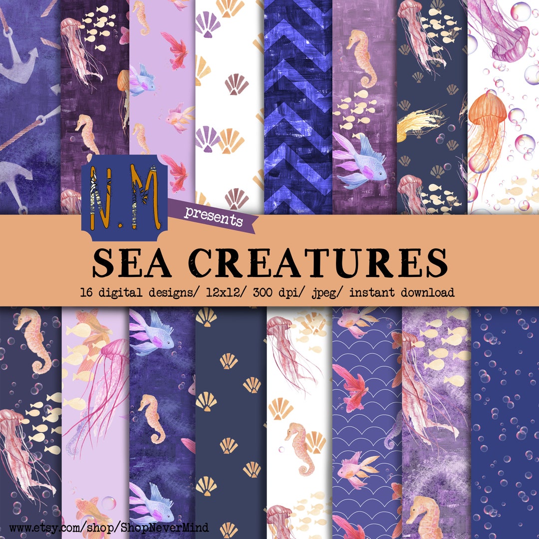 Sea Digital Paper Pack Watercolor Sea Creatures Ocean Paper Jellyfish ...