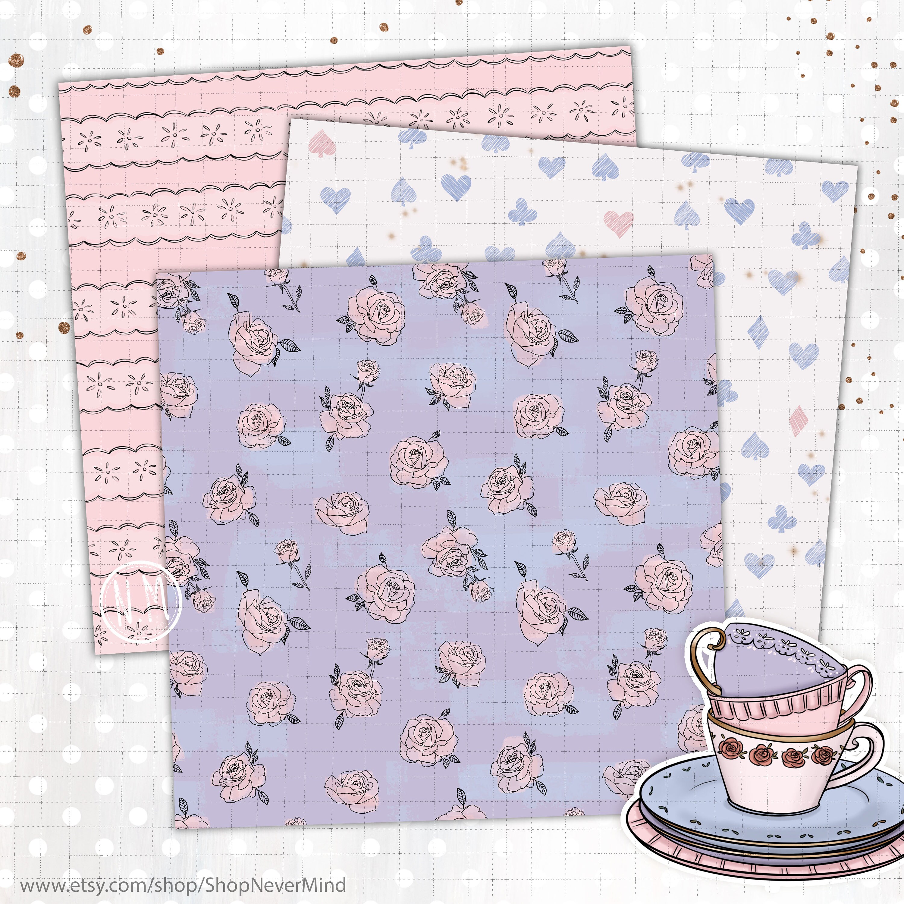 Tea Party Digital Paper Pack Pink Tea Party Digital Pattern - Etsy