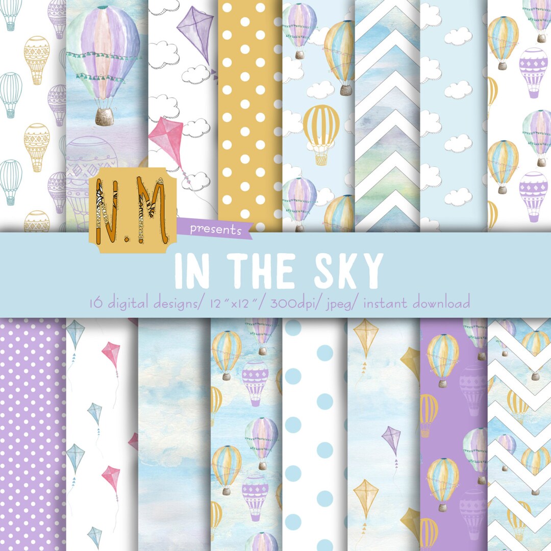 Hot Air Balloon Digital Paper Pack Watercolor Sky Kite Hot Air Balloon ...