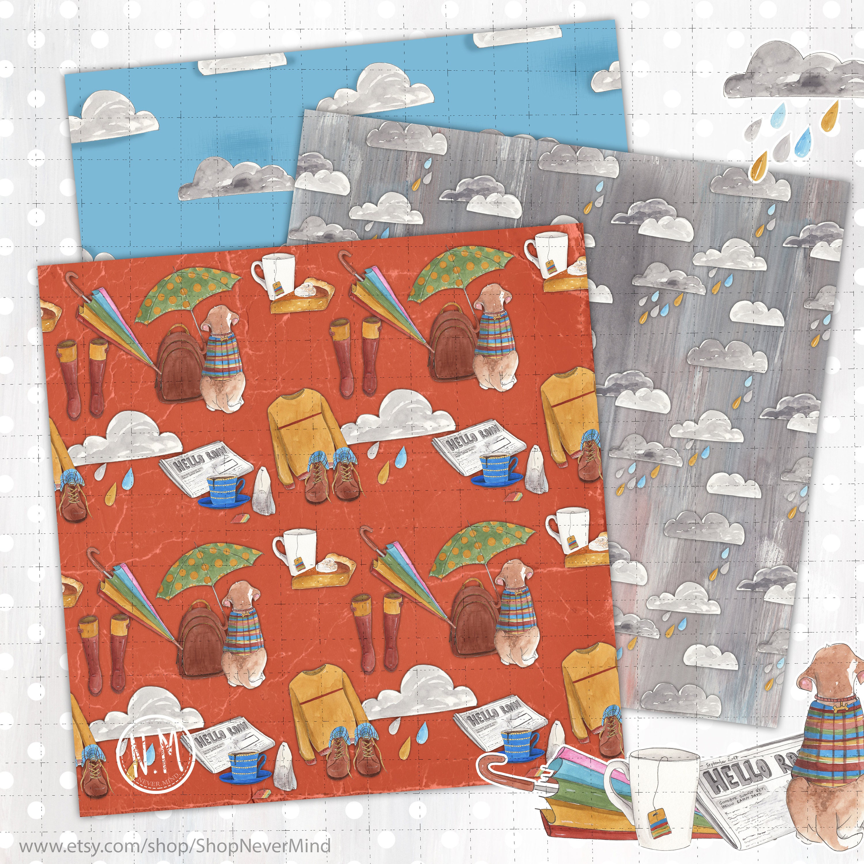 Rainy Days Digital Paper Pack Fall Watercolor Pattern Clouds | Etsy