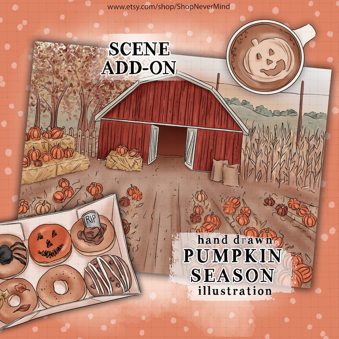 Fall Scene Illustration Pumpkin Patch Scene Commercial Use Red Barn ...