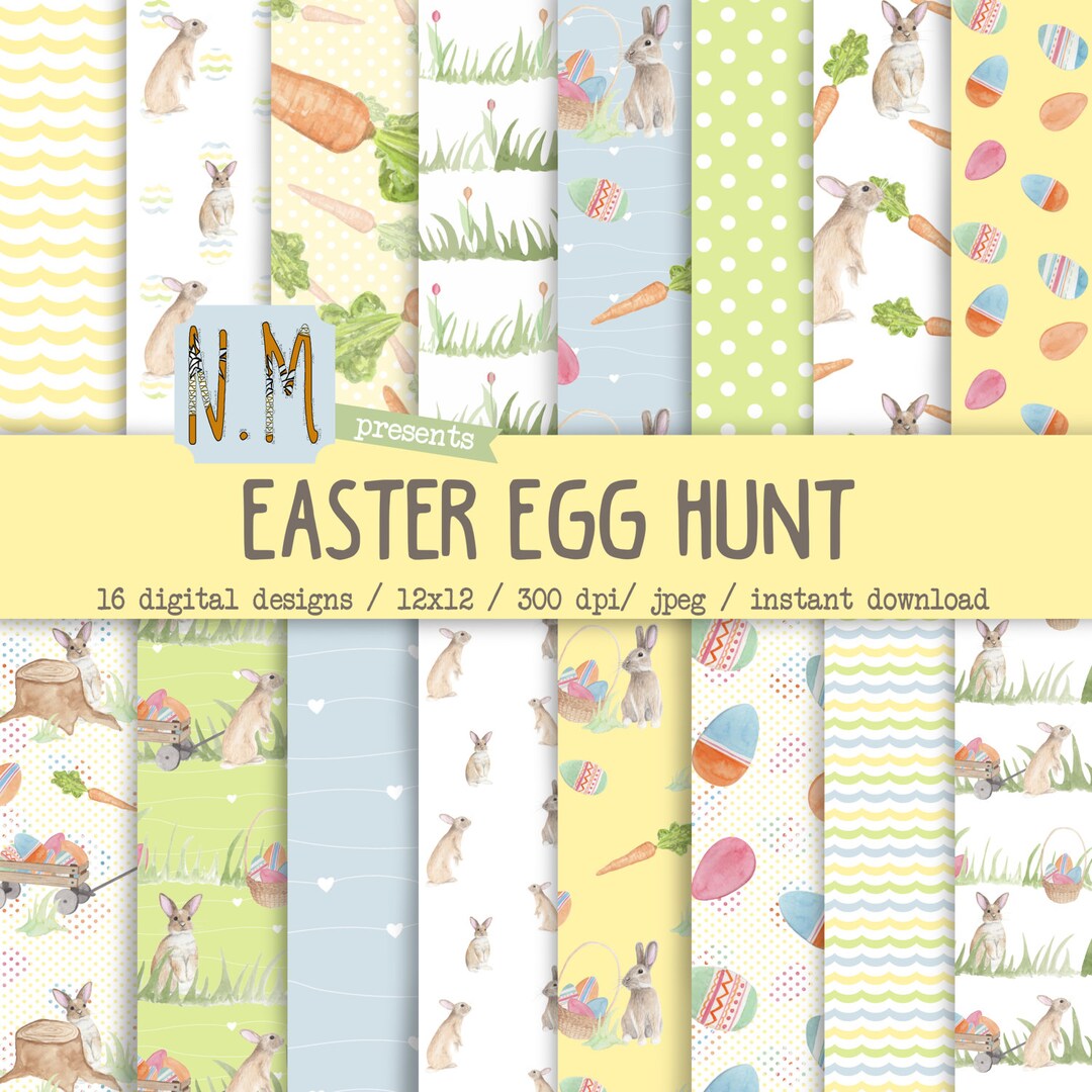 Easter Digital Paper Pack Watercolor Easter Egg Hunt Pattern Hand ...