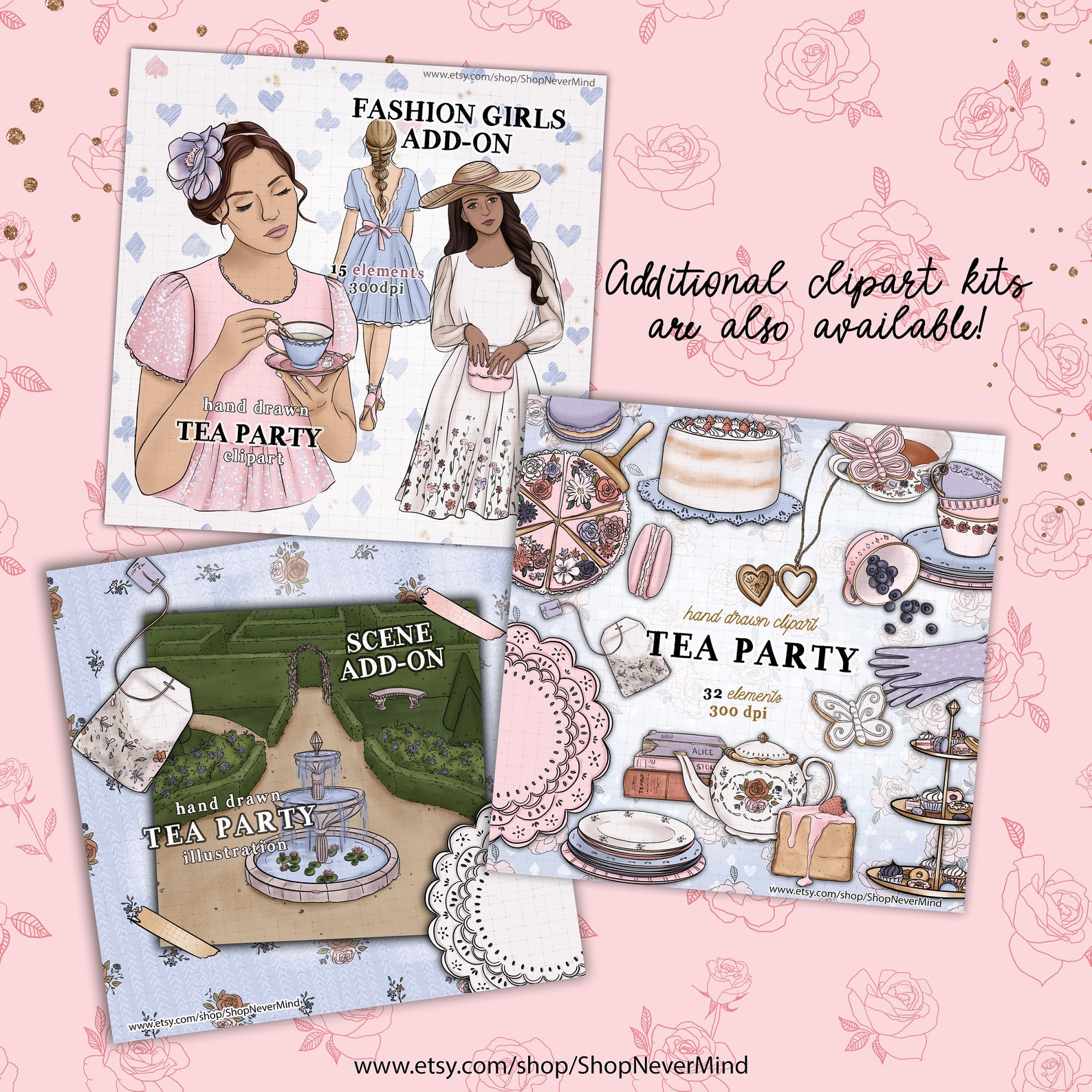 Tea Party Digital Paper Pack Pink Tea Party Digital Pattern | Etsy