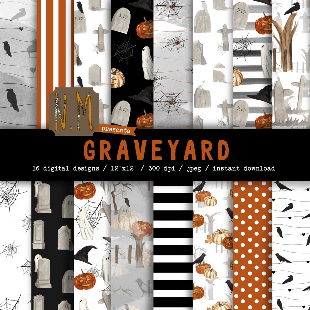 Halloween Digital Paper Pack Watercolor Halloween Graveyard Digital ...