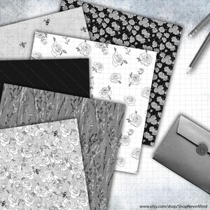 Black and White Flowers Digital Paper Pack Commercial Use Floral ...