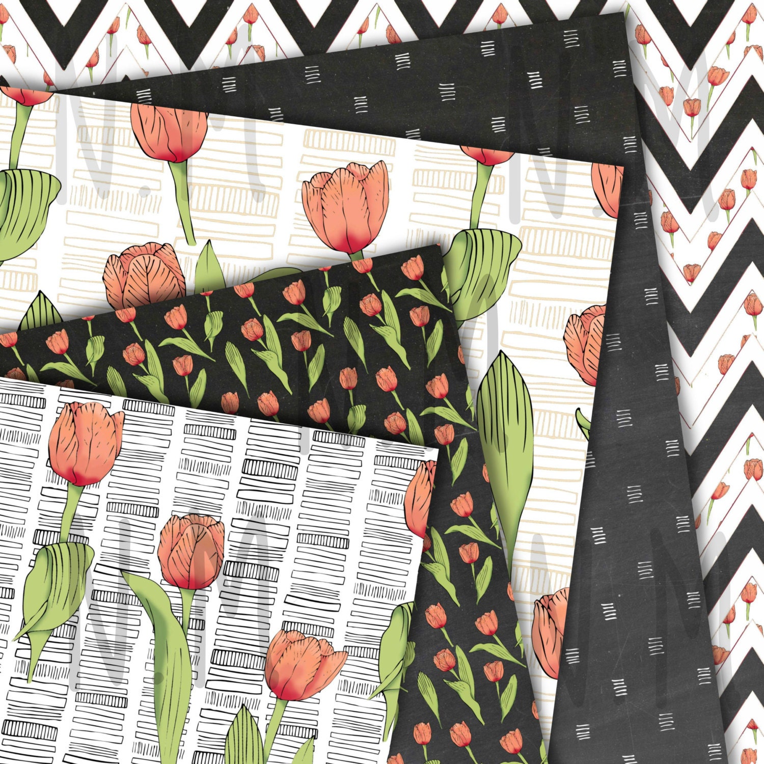Chalkboard Digital Paper Pack Pink Tulips Digital Pattern - Etsy
