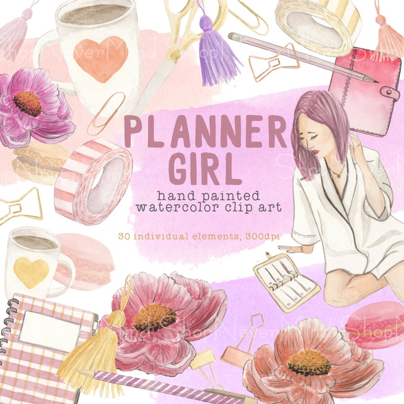 Planner Girl Clip Art Set Watercolor Hand Painted Planner - Etsy