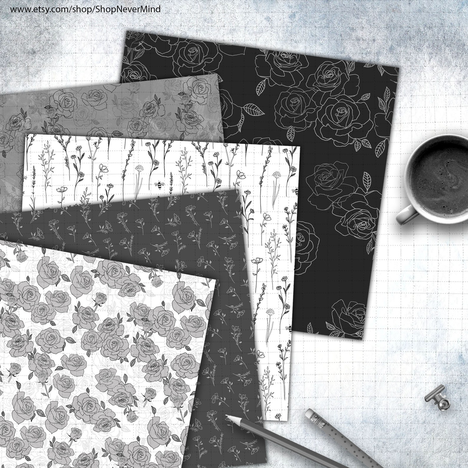 Black and White Flowers Digital Paper Pack Commercial Use - Etsy
