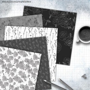 Black and White Flowers Digital Paper Pack Commercial Use Floral ...
