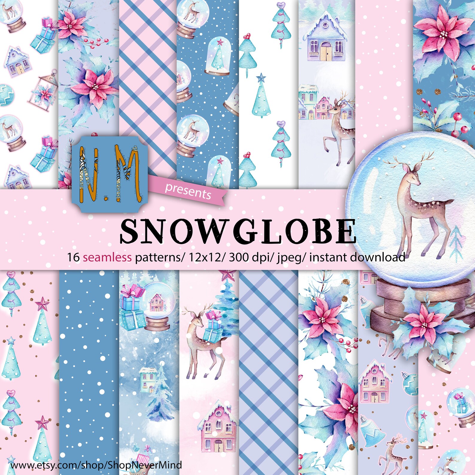 Pink Christmas Digital Paper Pack Snowglobe Winter Digital Pattern ...