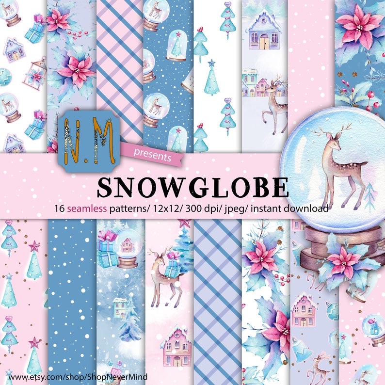 Pink Christmas Digital Paper Pack Snowglobe Winter Digital | Etsy
