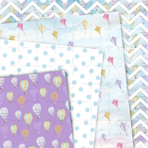 Hot Air Balloon Digital Paper Pack Watercolor Sky Kite Hot Air Balloon ...
