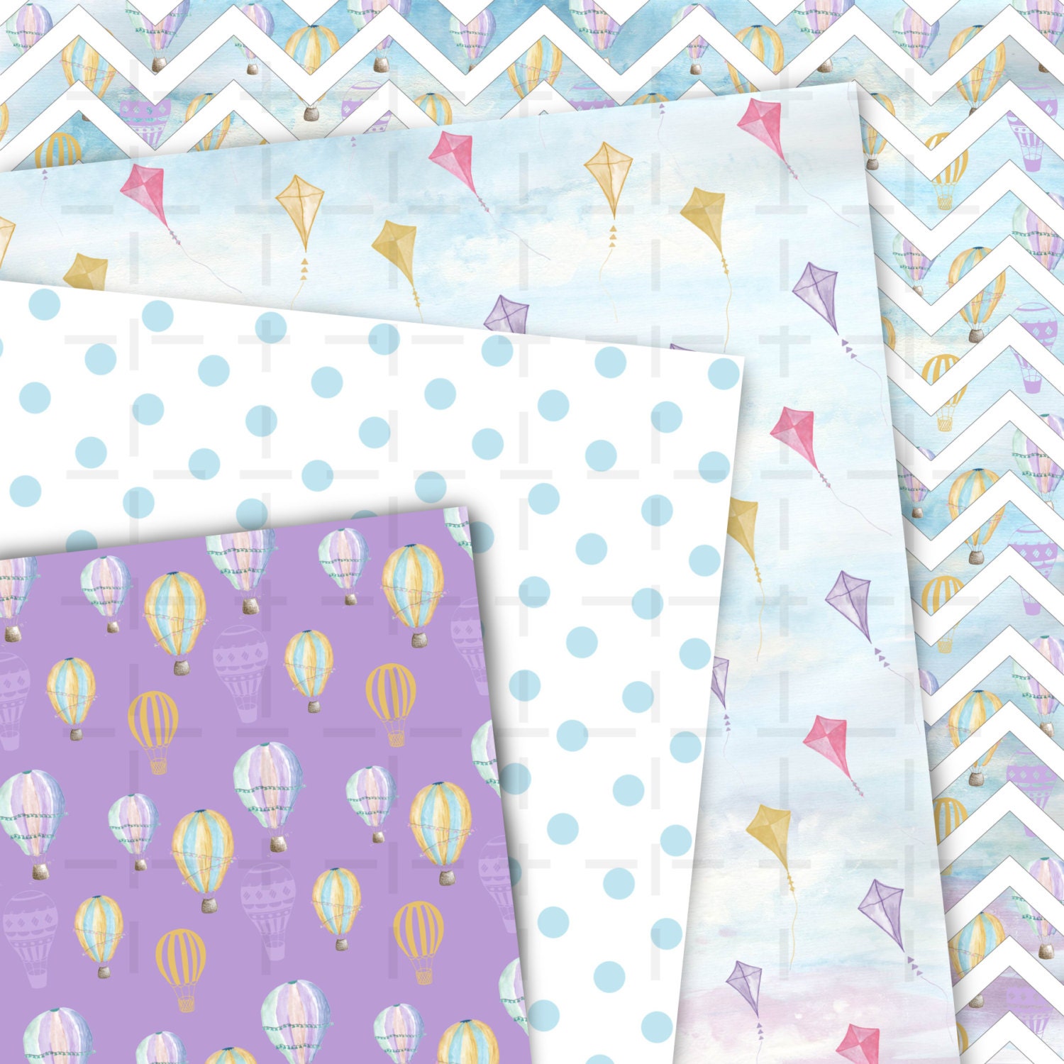 Hot Air Balloon Digital Paper Pack Watercolor Sky Kite Hot Air Balloon ...