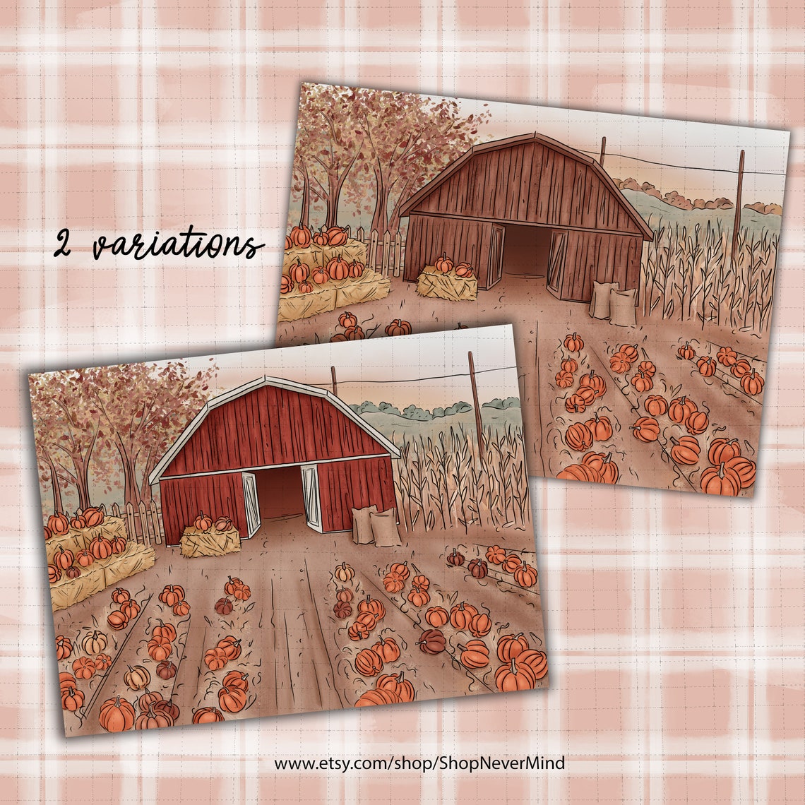 Fall Scene Illustration Pumpkin Patch Scene Commercial Use Red | Etsy