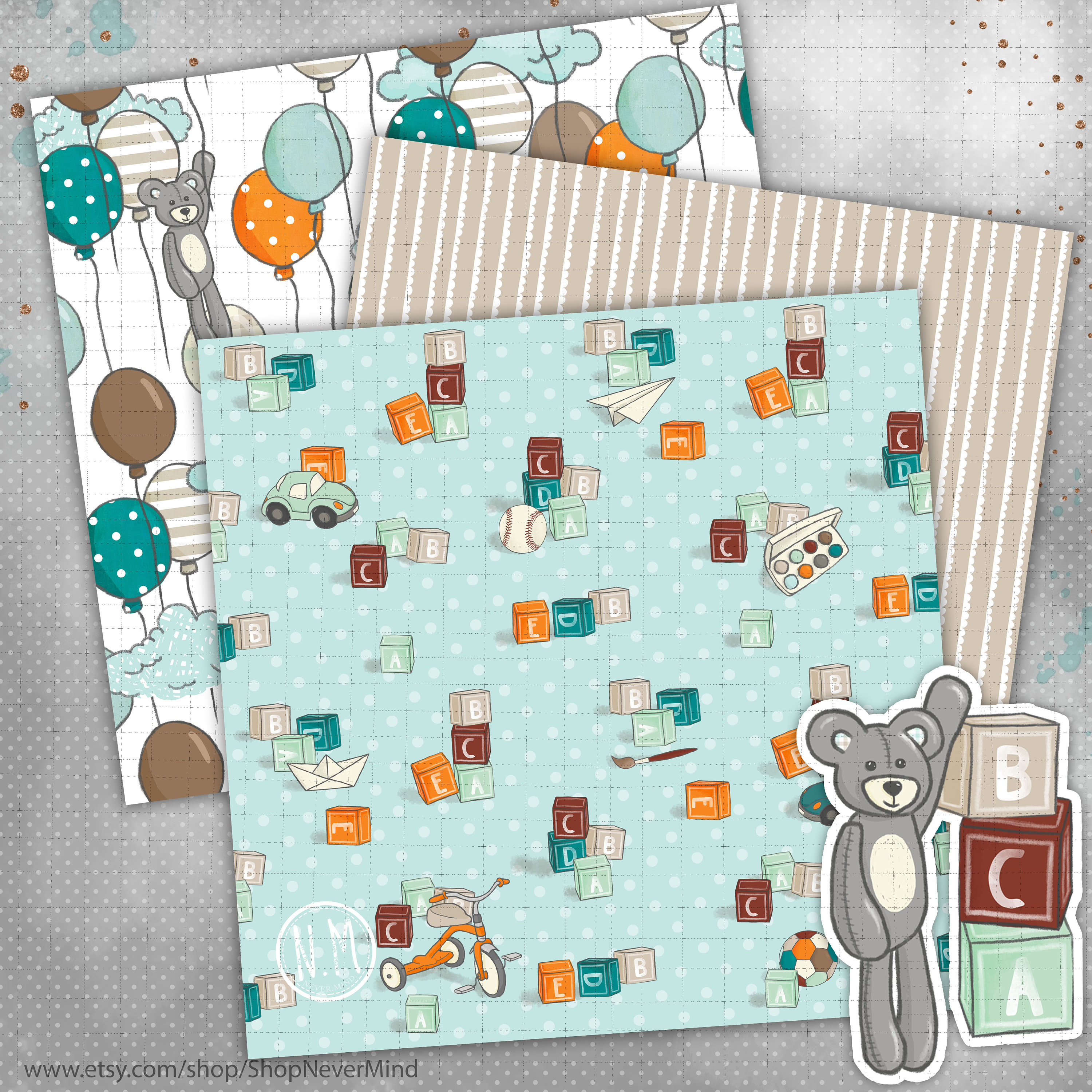Baby Boy Digital Paper Pack Nursery Baby Shower Digital Pattern ...