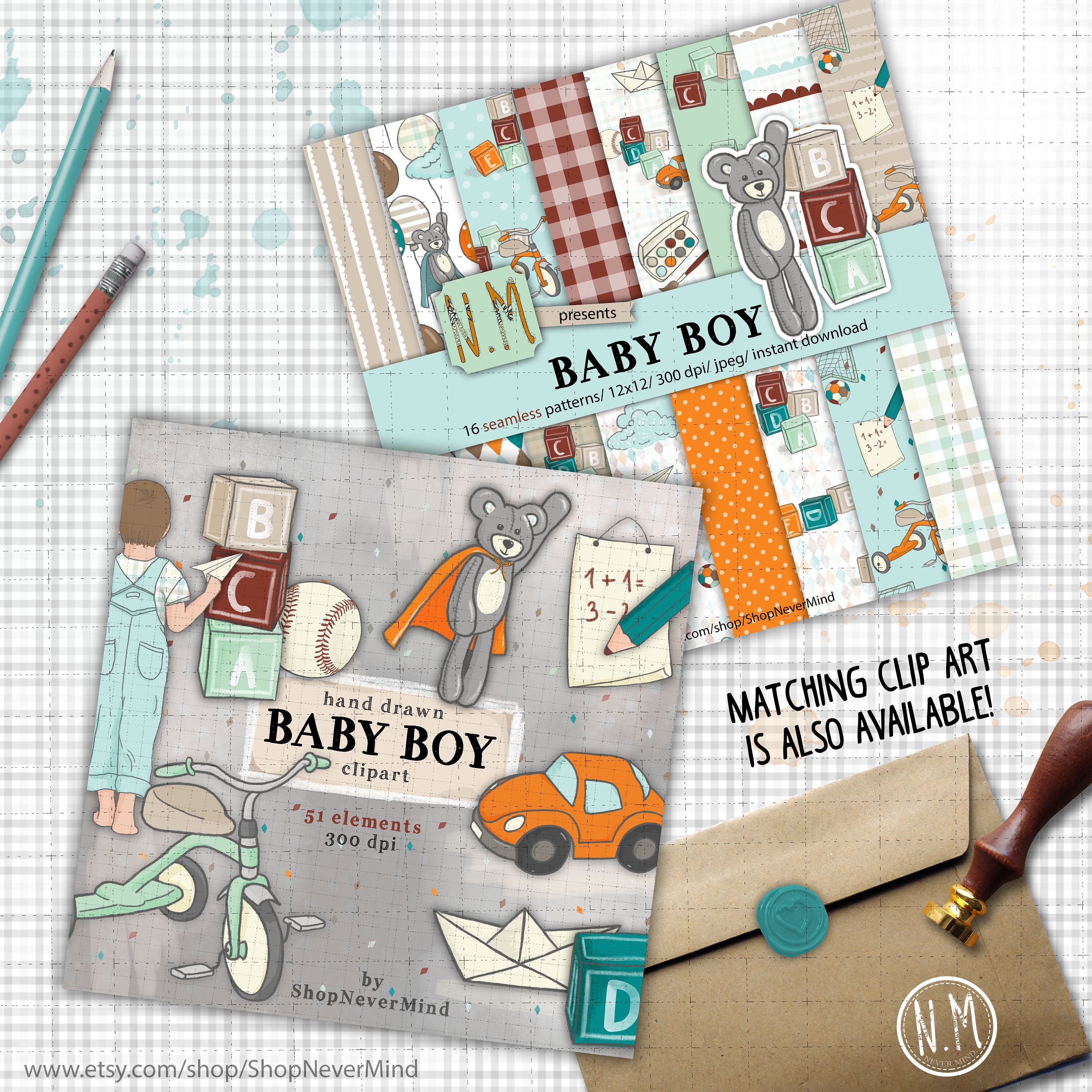 Baby Boy Digital Paper Pack Nursery Baby Shower Digital Pattern ...