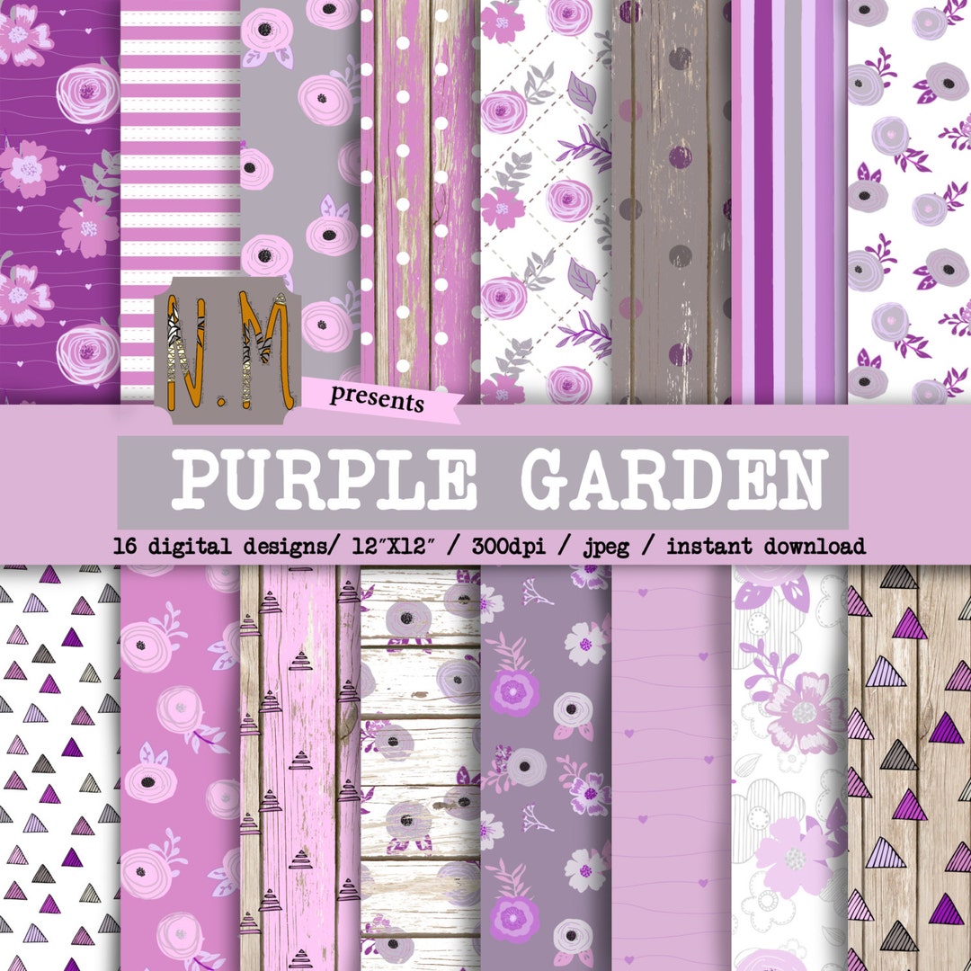 Purple Floral Digital Paper Pack Purple Garden Flowers Digital - Etsy