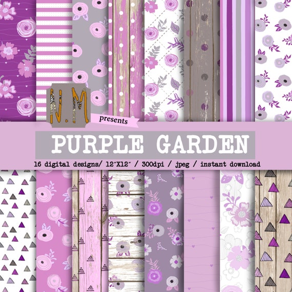Purple Floral Digital Paper Pack Purple Garden Flowers Digital | Etsy