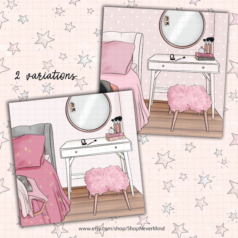 Pink Bedroom Illustration Makeup Vanity Scene Makeup Desk Hand | Etsy