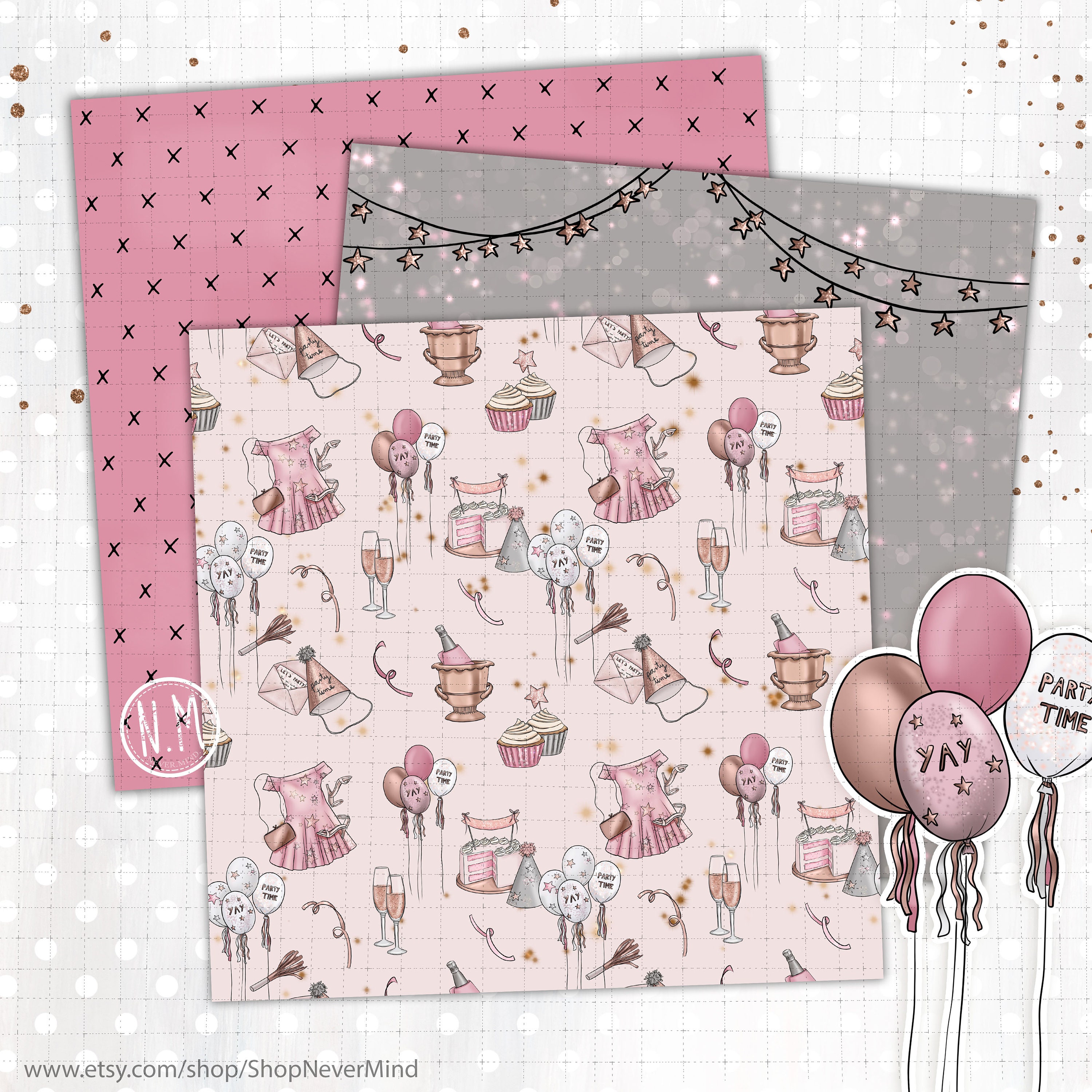 Birthday Digital Paper Pack Pink Birthday Party Digital - Etsy