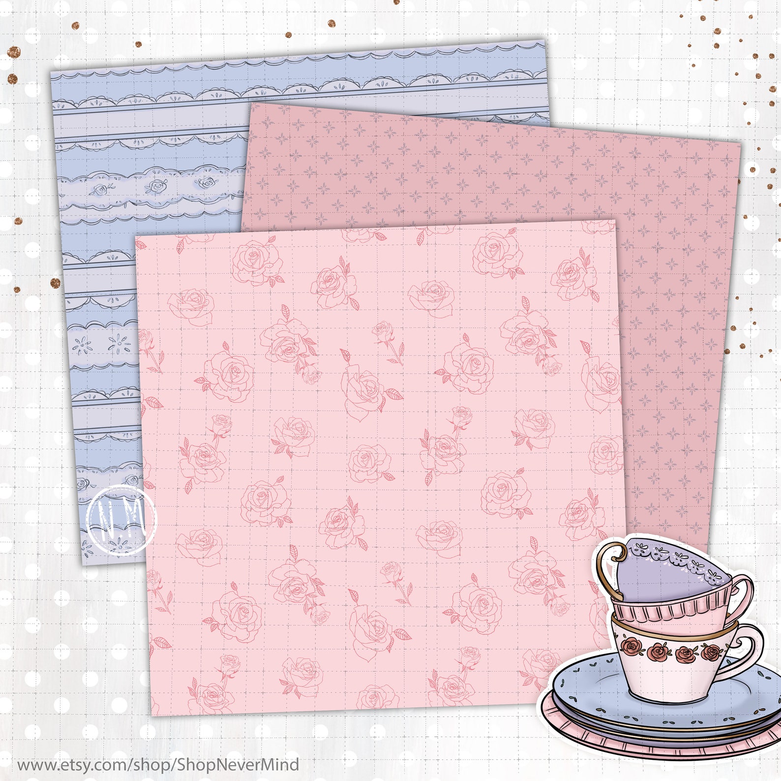 Tea Party Digital Paper Pack Pink Tea Party Digital Pattern - Etsy