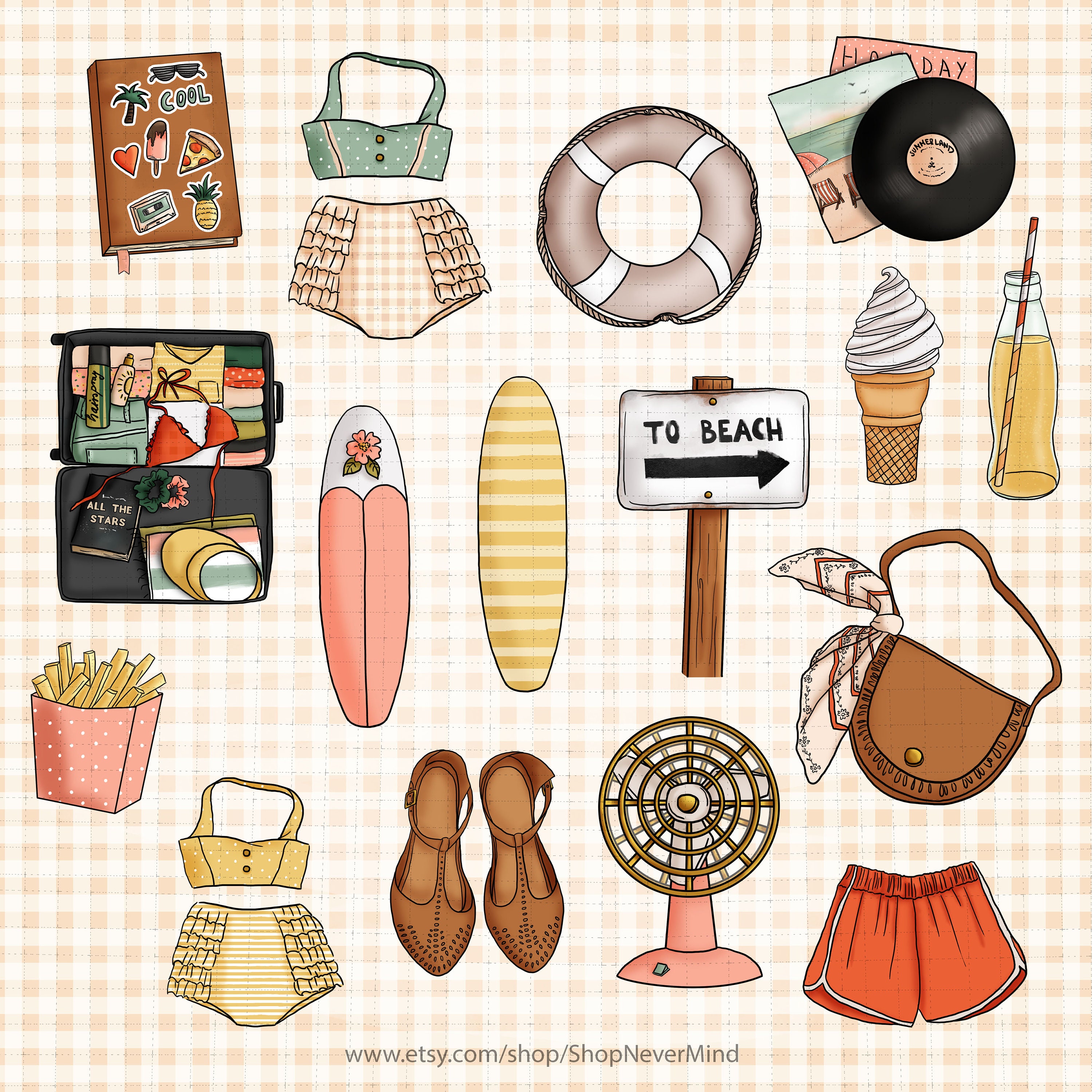 Retro Summer Clipart Kit Retro Beach Digital Clip Art Vintage - Etsy Canada