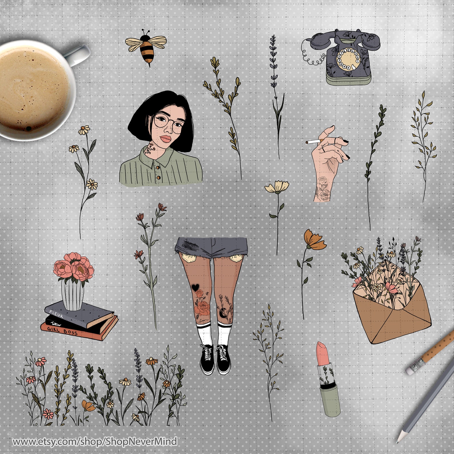 Flowers Clipart Kit Commercial Use Floral Tattoos Fashion - Etsy