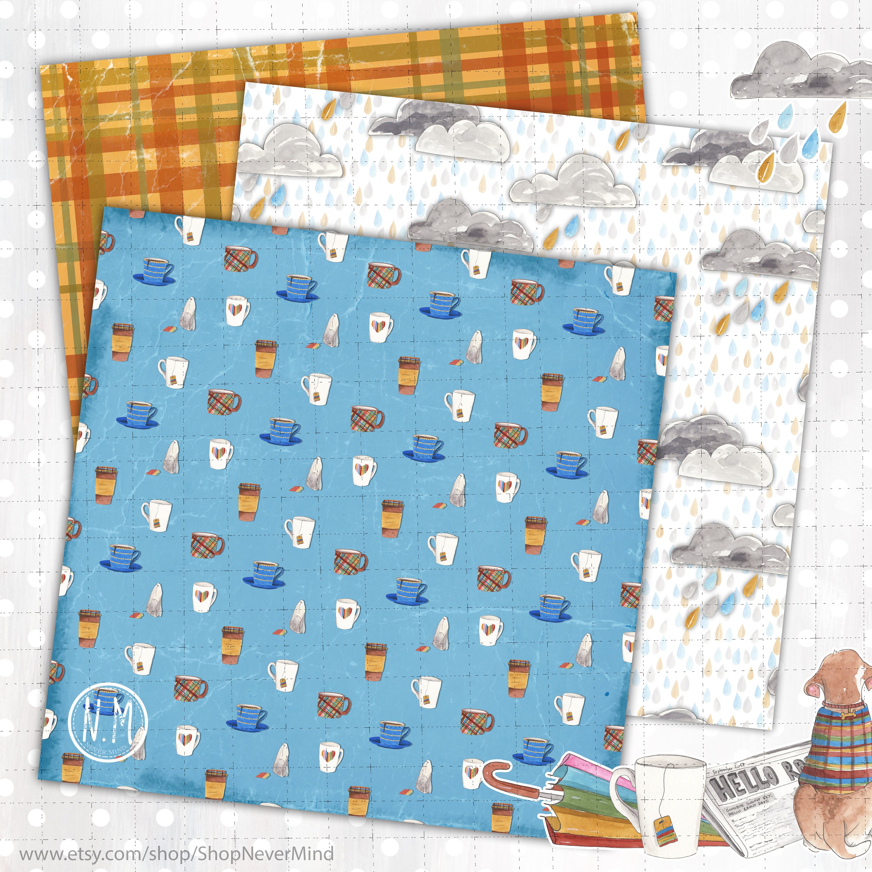 Rainy Days Digital Paper Pack Fall Watercolor Pattern Clouds | Etsy